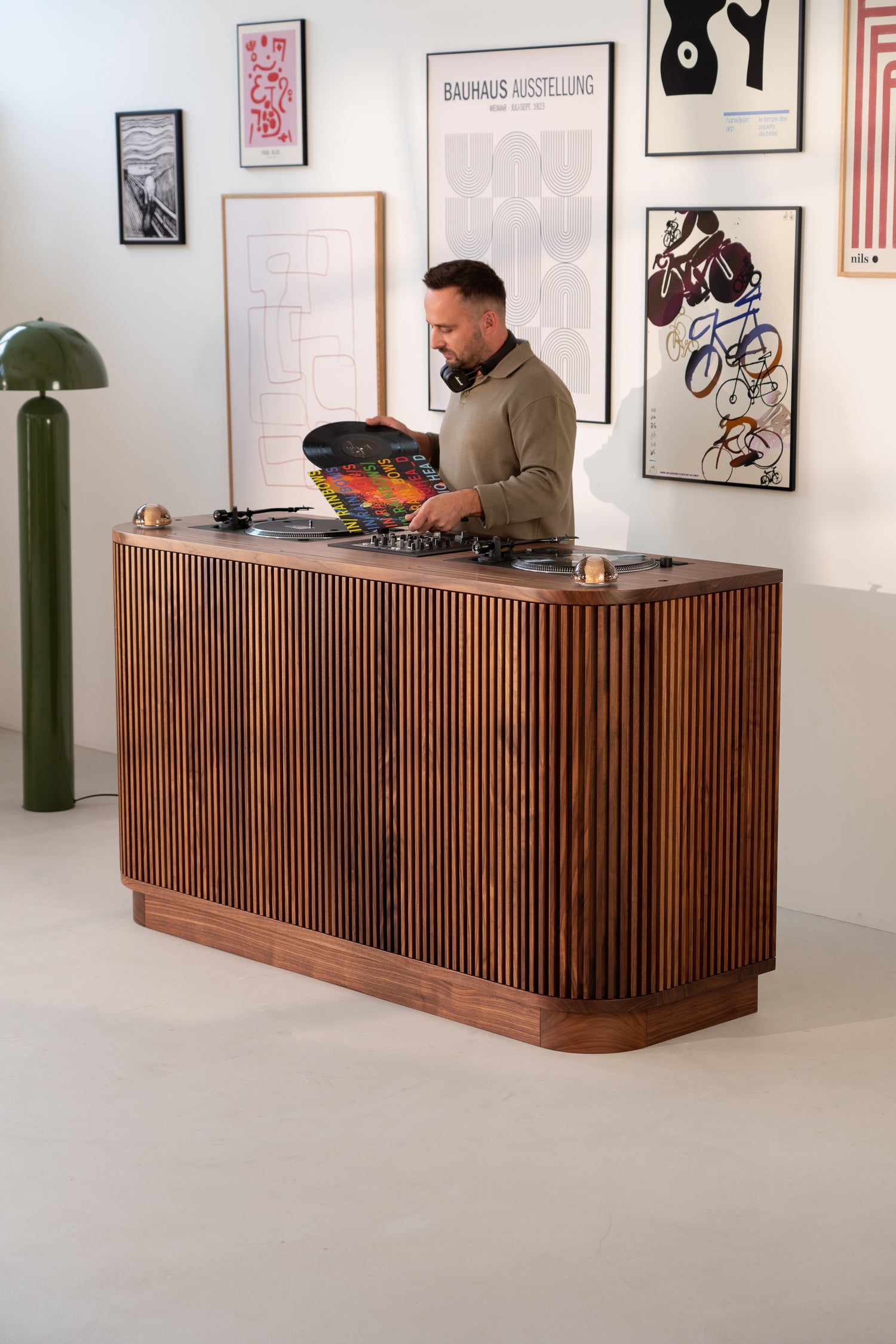 Walnut DJ Booth, solid wood DJ table console with vinyl storage | LOOP